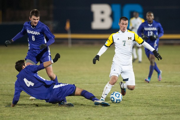 Images from Fabio Pereira's hat trick in Michigan soccer's NCAA tourney win